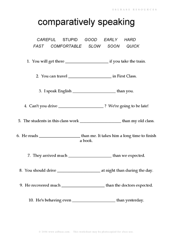 Comparative Adverbs Worksheet – ESL Grammar Practice | Eslbase