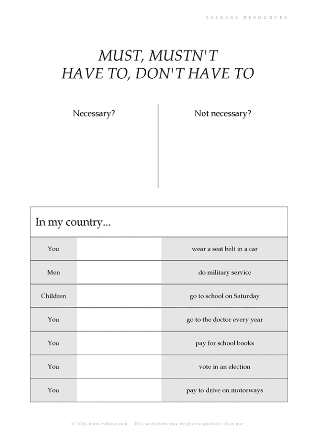 ESL Worksheet: Modals of Obligation - Must vs Have To | Eslbase