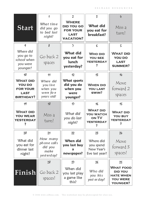 Past Simple Board Game - Fun ESL Grammar Activity | Eslbase