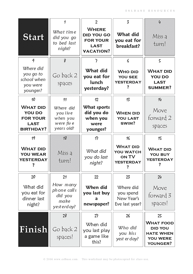 Past Simple Board Game - Fun ESL Grammar Activity | Eslbase