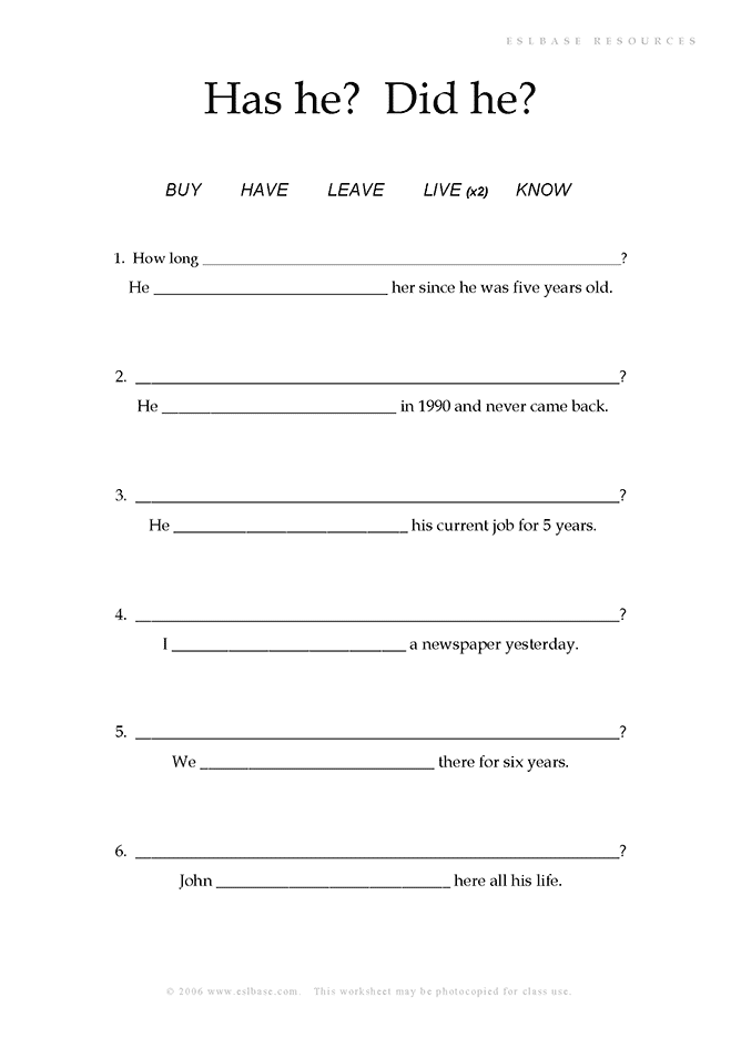 Past Simple and Present Perfect Worksheet | Eslbase