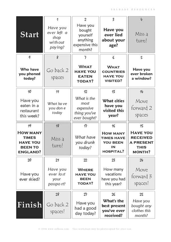 Present Perfect Board Game - Fun ESL Grammar Activity | Eslbase